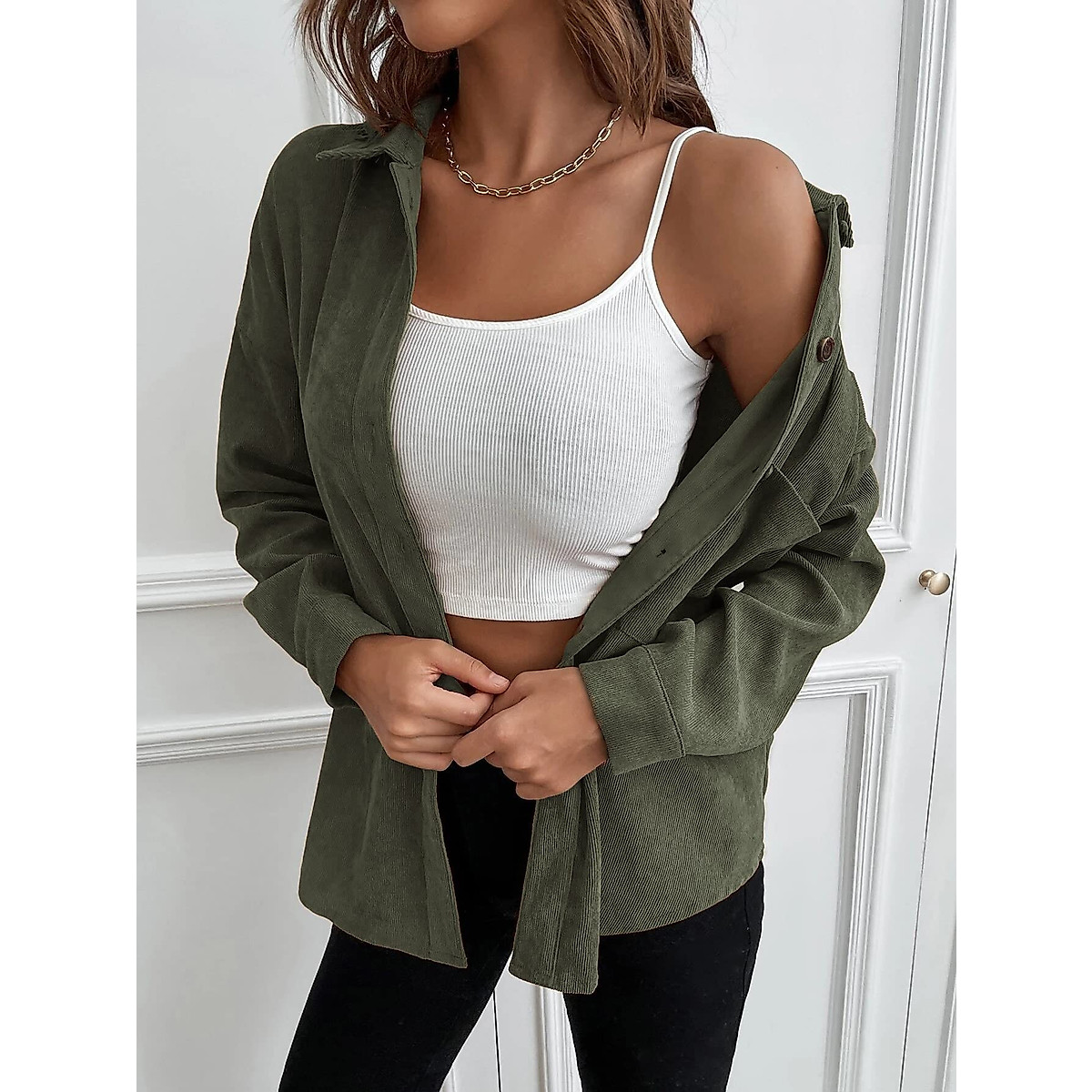Floerns Women's Casual Long Sleeve Button Down Corduroy Shirt Blouse Top Army Green