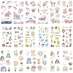 Kawaii Stationery Sticker Set Pink Cherry Blossom Household Gardening Tool Cute Girl Flower Succulent Plants Cactus DIY Labels for Diary Scrapbooking Planner Art Craft Journaling Collage Journal