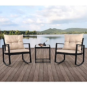 Dkeli Outdoor Rocking Chairs 3 Pieces Pe Wicker Bistro Sets with Glass Coffee Table Front Porch Furniture Rocking Chairs Set of 2 for Backyard Porch Balcony Lawn, Beige Cushion