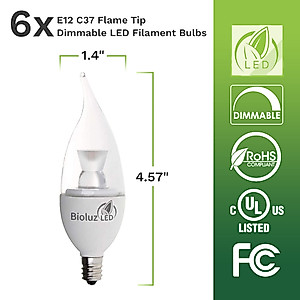 Bioluz LED 6 Pack Flame Tip Candelabra LED Bulb, Dimmable 40 Watt Chandelier Bulbs 40 (uses 4.5W) Watt E12 Base Candle Bulbs 2700K (Warm White) Indoor/Outdoor
