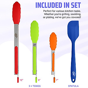 Kaluns Kitchen Tongs for Cooking Grilling Set of 4, BBQ Grill Tongs With Silicone Tip Stainless Steel Heat Resistant, Non-stick Pull Lock, Incl 7, 9, 12 Inch Tong Plus a Silicone Spatula