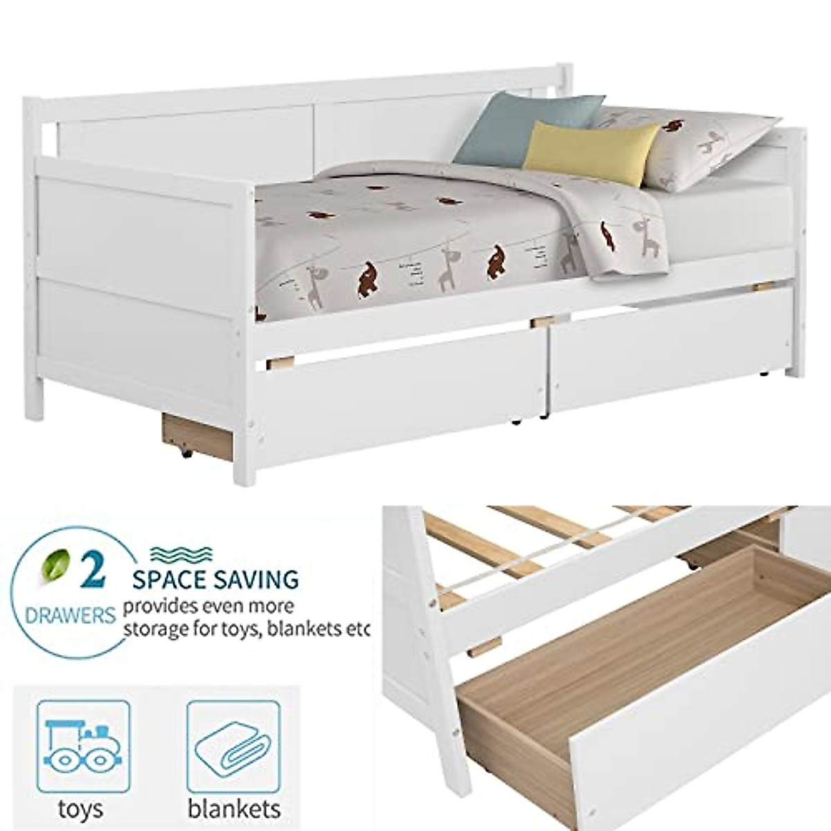 HOUAGI Daybed with 2 Storage Drawers,Twin Size Sofa Bed for Bedroom Living Room,White