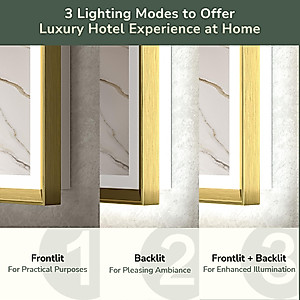 TokeShimi 30x36 Inch Gold Light up Bathroom Vanity Mirror with Front Lights and Backlit for Wall Aluminum Alloy Frame Rectangle Beveled Edge Tricolors Stepless Dimmable Anti-Fog Memory Function