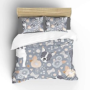 Aluy's boutique Boston Terrier and Beautiful Flowers Pattern Ultra Soft Bedding Sets Microfiber Fabric Bedroom Decor Duvet Cover, King Size 3 Pieces with 1 Duvet Cover and 2 Pillowcases