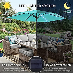 FEFLO Pool Table Solar Patio Umbrella: 9 ft Tilting Outdoor LED Lighted Sun Shade With 6 Ribs and Crank Handle - Parasol Compact for Pool, Deck, Garden, Backyard