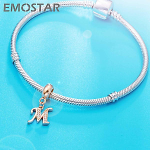Rose Gold Letter M Charms fits Pandora Bracelet, Initial A-Z Alphabet Beads, 925 Sterling Silver Letra Dangle CZ Necklace Pendant, Gift for First Mothers Day/Valentines