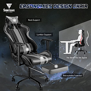 Soontrans Gaming Chair with Footrest for Adults Teens,PC Computer Chair,Home Office Gamer Chair,Racing Game Chair with Adjustable Headrest Lumbar Pillow Support(Flash Grey)