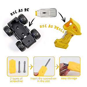 QUN FENG Take Apart Toys with Electric Drill|Remote Control Car 2 in 1 Construction Truck School Bus Taxi|Gift Toys for Boys 3,4,5,6,7 Year Olds|2.4G Stem Building Learning Toys