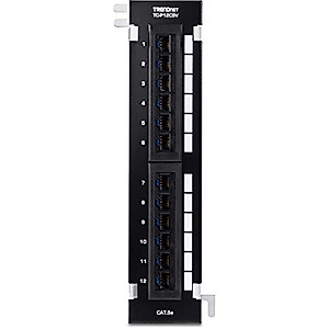 TRENDnet 12-Port Cat5e Unshielded Patch Panel, Wall Mount, Included 89D Bracket, Vertical or Horizontal Installation, Compatible with Cat5e & Cat6 RJ45 Cabling, Black, TC-P12C5V