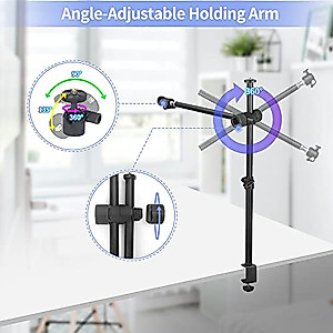 JINSUI Overhead Phone Mount with Holding Arm, Adjustable Camera Desk Mount with Phone Holder and 360° Ball Head, Table C-Clamp Mount Stand for Webcam, Light, Video Recording, Live Streaming