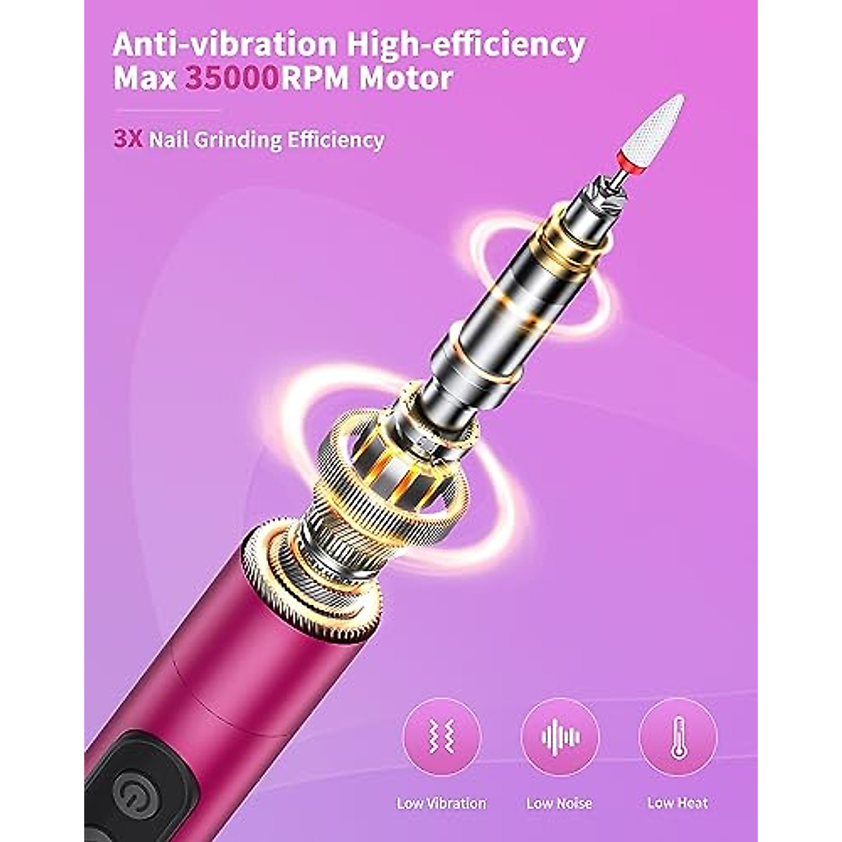 YBLNTEK Electric Nail File, 35,000 RPM Portable Electric Nail Drill for Acrylic Gel Nails, Cordless Nail Drill for Home Salon Manicure and Pedicure, Red