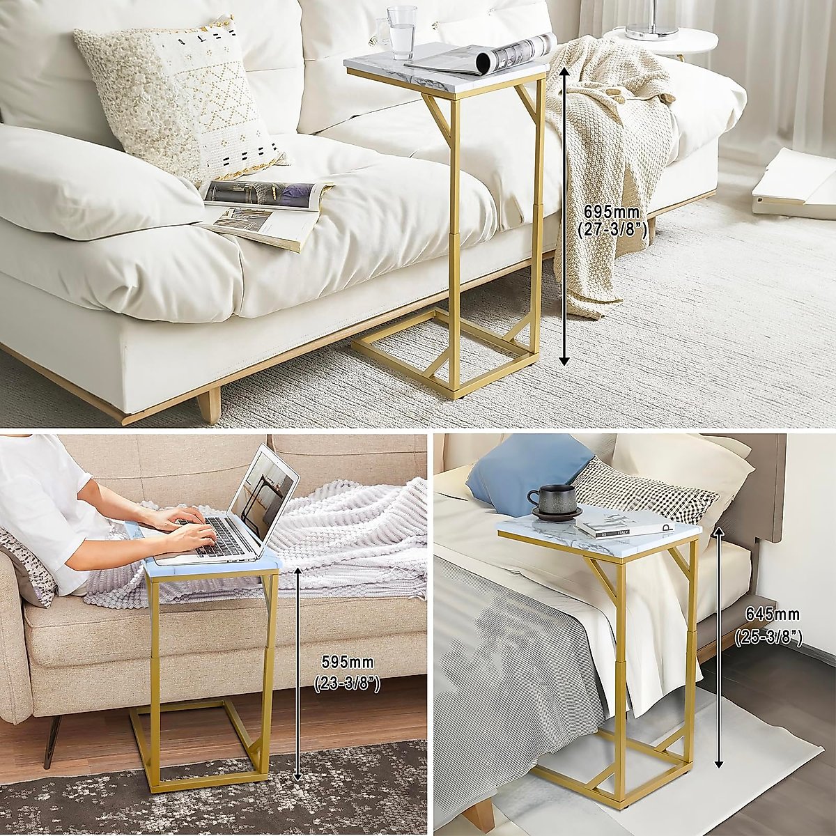 Serteaw C-Shaped End Table, Sturdy Side Table for Couch Sofa Bedside Small Space,C Snack Table TV Tray Record Player Stand Small Tables for Living Room Bedroom,Easy to Assemble,Gold