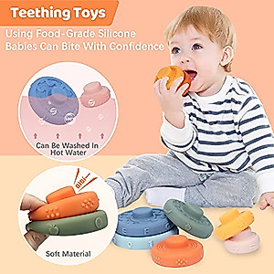 SYNPOS 6 PCS Baby Stacking Teething Toy, Stacking Nesting Toys, Soft Building Stacker Squeeze Toy, Baby Montessori Sensory Toys with Number, Fruit and Shape, Early Learning Toys for Toddlers 6 Months