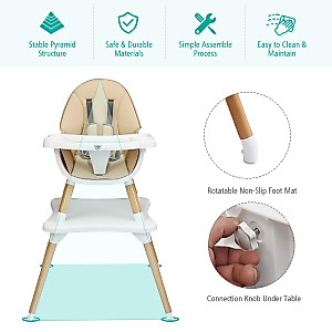 BABY JOY 5 in 1 High Chair, Convertible High Chairs for Babies and Toddlers/Booster Seat/Table and Chair Set, Infant Wooden Highchair w/ 5-Point Harness, 4-Position Removable Tray & PU Cushion (Khaki)