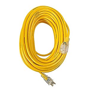 Yellow Jacket 2885 12/3 Heavy-Duty 15-Amp Premium SJTW Contractor Extension Cord with Lighted End, Ideal use With Heavy Duty Equipment and Tools, Durable Molded Plugs, 100 Feet, Yellow