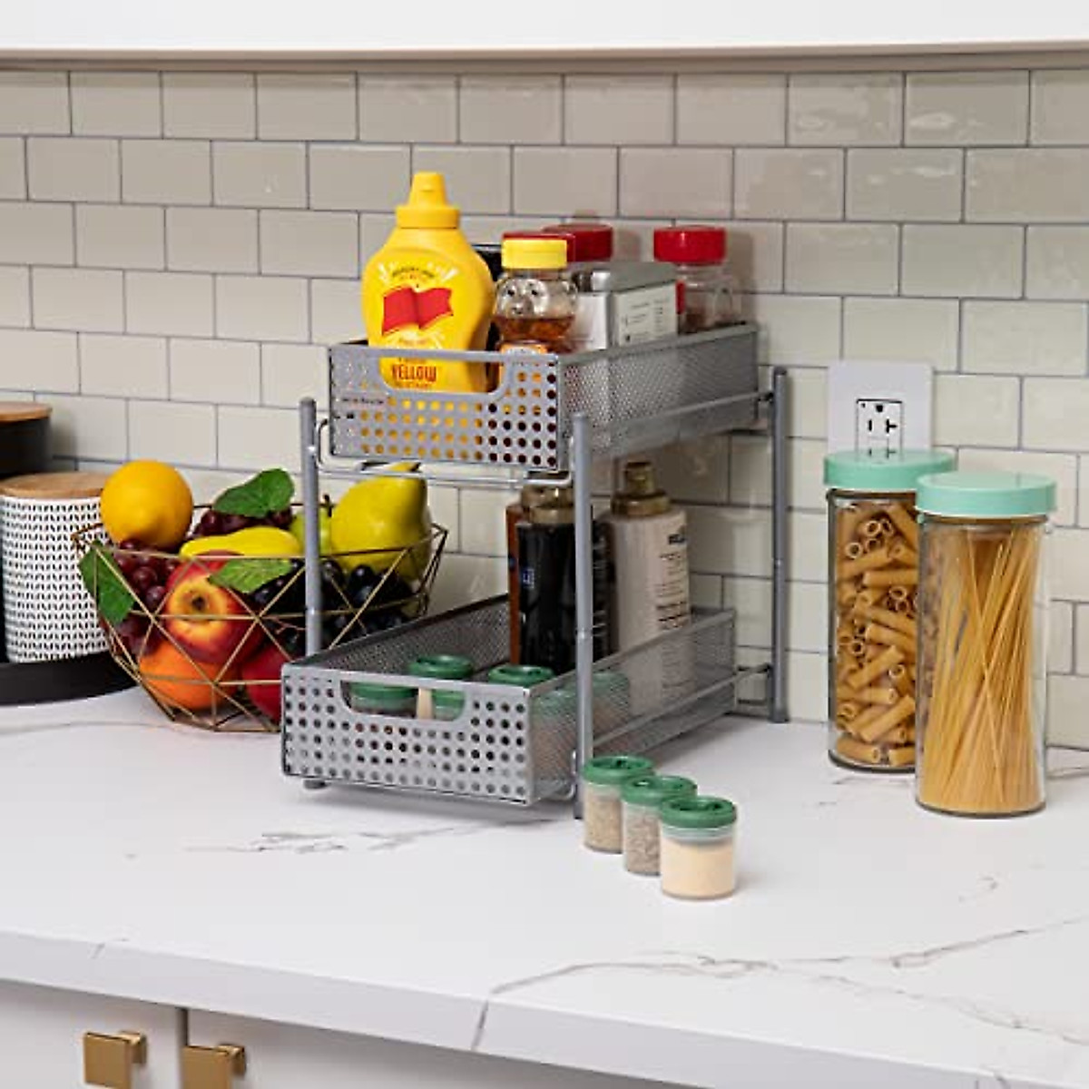 Mind Reader Cabinet, Mesh Storage Baskets Organizer, Home, Office, Kitchen, Bathroom, One Size, Silver 2 Tier Heavy Duty