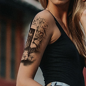 Oottati 2 Sheets Realistic Animal Temporary Tattoos Stickers Forest Lion Jesus Cross Old School Designs For Men Waterproof Arm Leg Fake Body Art, Gym & Parties Bold Masculine Decals