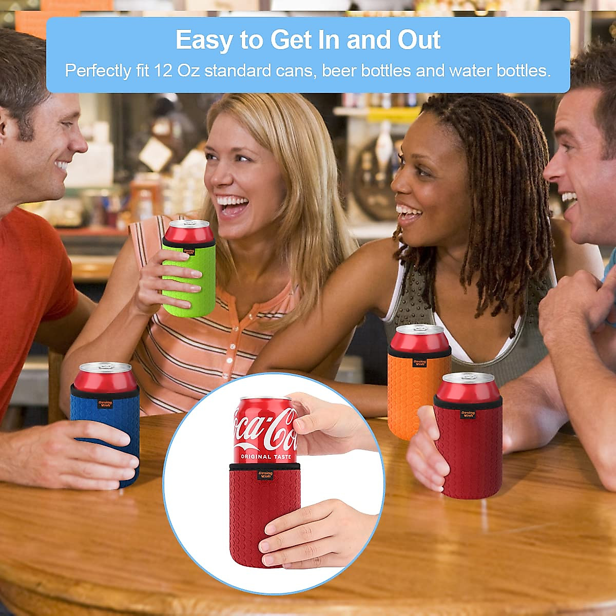 Desing Wish 12oz Standard Can Cooler Sleeve Holder Honeycomb Insulator Beer Cans Cover 12OZ Beer Bottle Sleeves Non-slip Neoprene Soda Cans Coolers Holders 4 Pack (Red/Blue/Green/Orange)
