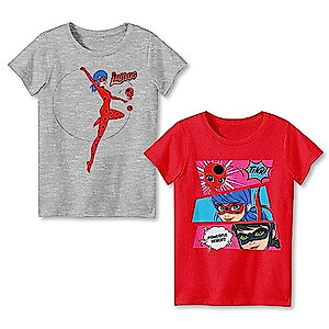 Miraculous Ladybug Girls T-Shirts 2-Pack, Ladybug Cat Noir Rena Rouge Short Sleeve Tees 2-Pack Bundle Set for Girls (Red/Grey, Size 10/12)