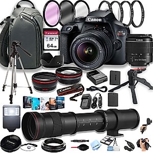 Canon EOS Rebel T100 DSLR Camera w/EF-S 18-55mm F/3.5-5.6 Zoom Lens + 420-800mm Super Telephoto Lens + 64GB Memory Cards, Professional Photo Bundle (42pc Bundle) (Renewed)