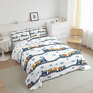 Erosebridal Kids Train Comforter Set Twin for Boys Girls Cartoon Car Bedding Set Steam Engine Bedding Comforter Sets Railway Vehicles Duvet Transportation Truck Quilt Comforter with 1 Pillow Sham