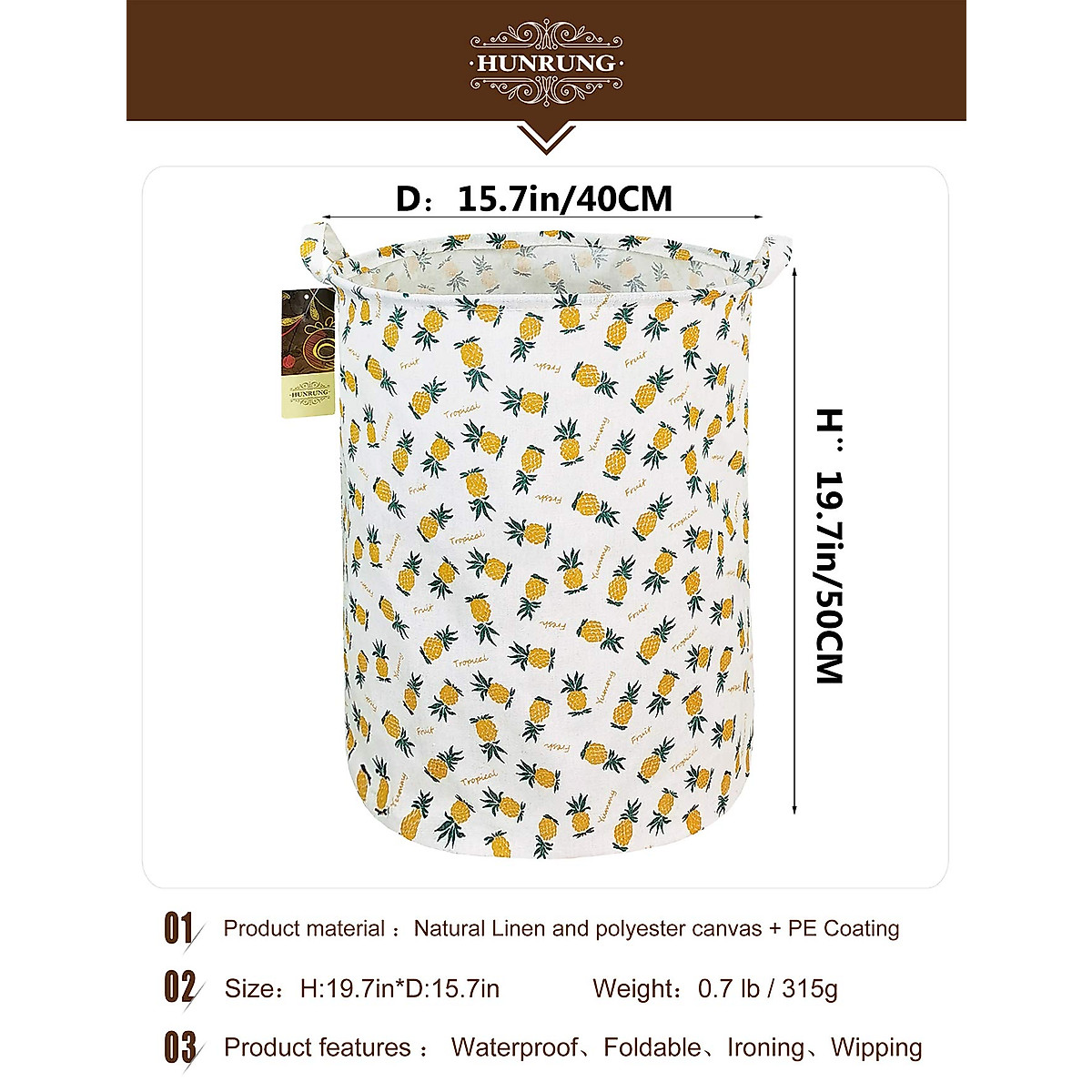 HUNRUNG Laundry Hamper,Large Canvas Fabric Lightweight Storage Basket Toy Organizer Dirty Clothes Collapsible Waterproof for College Dorms, Children Bedroom,Bathroom (Pineapple)