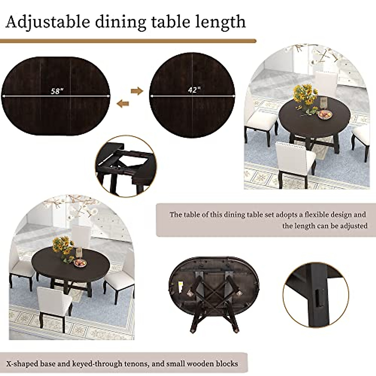 Lasadelgar Farmhouse Extendable Dining Table for 4, Leaf Wood 42" Round to 58" Oval Adjustable Expandable Rustic Kitchen Table, Espresso