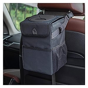 Kewucn Car Trash Can with Lid, Waterproof Mini Auto Garbage Can, Leak-Proof Vehicle Organizer and Storage Pockets, Hanging Collapsible Trash Bin, Universal Accessories for Most Cars (Gray)