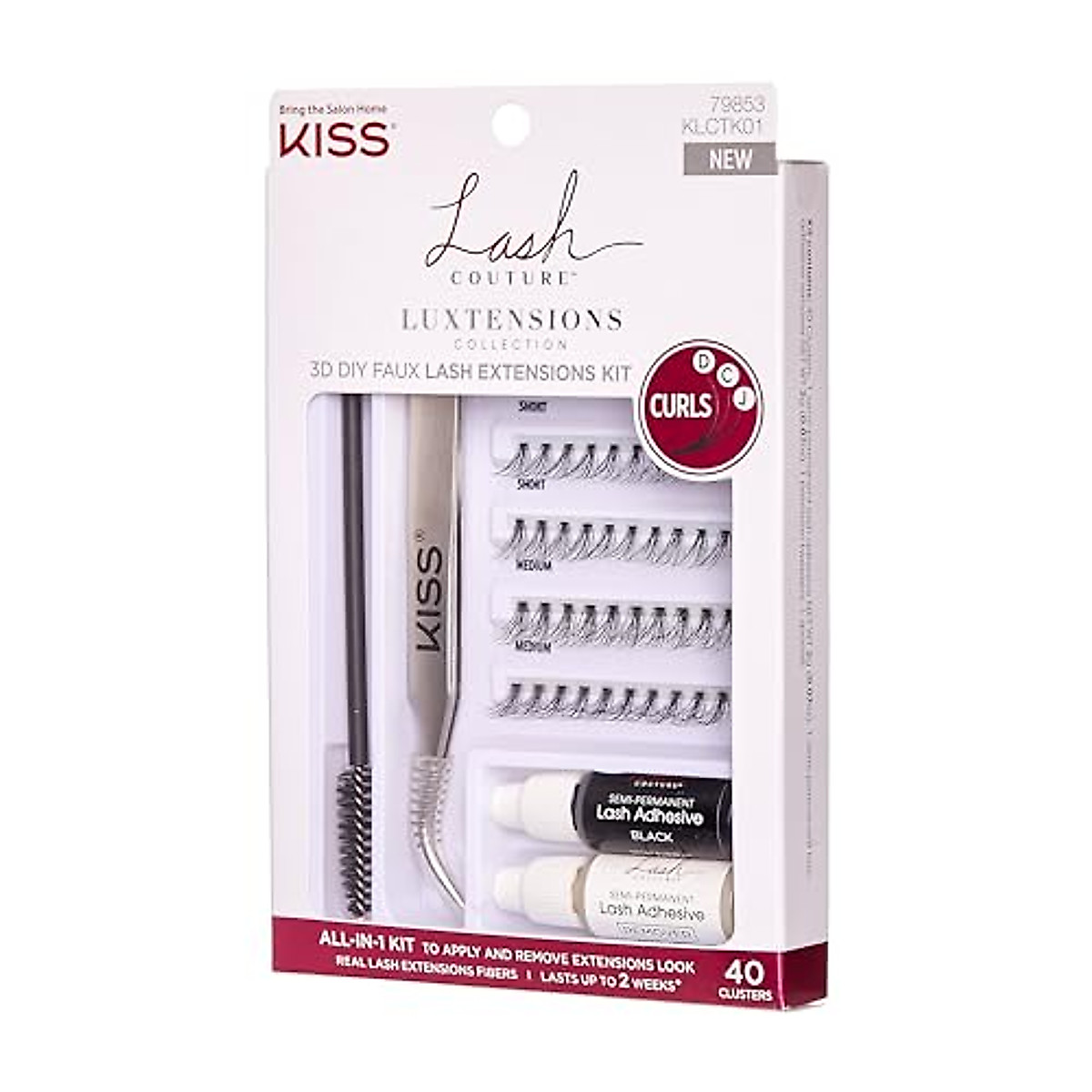 KISS Lash Couture Luxtension False Eyelashes, 'Lash Extension Kit', 12 mm, Includes 40 Wisps, Tweezers, Spoolie, Semi-Permanent Lash Adhesive And Remover, Contact Lens Friendly, Easy to Apply, Reusable Strip Lashes