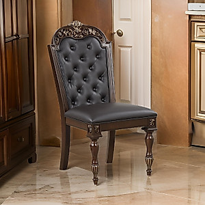 Benjara Mitch 21 Inch Tufted Dining Chair, Carved Details, Faux Leather Seat, Brown and Black