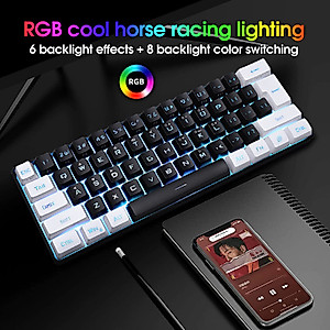 60% Wired Gaming Keyboard, RGB Backlit Ultra Compact Mini Keyboard, Waterproof Mini Compact 61-key Keyboard for PC/Mac Gamers, Typist, Travel, Easy Travel (Black & White)