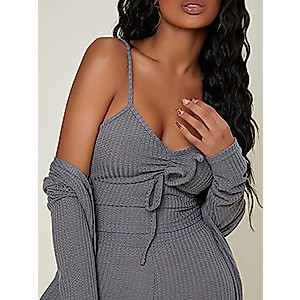 SheIn Women's Ruched Knot Bust Cami Top Long Pants Lounge Set with Long Sleeve Robe Dark Grey Large