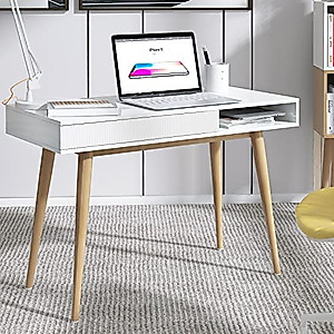 White Desk Mid Century Modern Desk Wooden Desk with Drawer Small Office Desk Mid Century Computer Desk White Makeup Table, by Artswish
