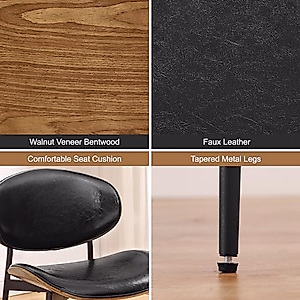 Art Leon Modern Faux Leather Dining Chairs, Mid Century Desk Chair No Wheels, Armless Accent Chair with Black Metal Legs, Set of 2, Black/Walnut