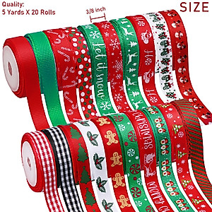 Vloso 20 Rolls 100 Yards Christmas Ribbon for Gift Wrapping,3/8 Inch Christmas Grosgrain Ribbon,Christmas Ribbon for Crafts DIY Holiday Christmas Decorations