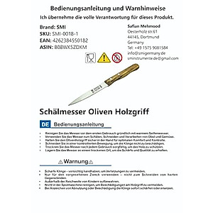 SMI - Paring Knife Fruit Knife Vegetable Knife Olive Wooden Handle Stainless Steel Solingen Knife Made in Germany - Not Dishwasher Safe