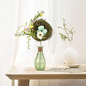 Develoo Easter Bird Nest Tabletop Ornament,Rattan Weaving Simulation Birds Nest with Speckled Eggs and Flowers for Spring Garden Decor Photo Props