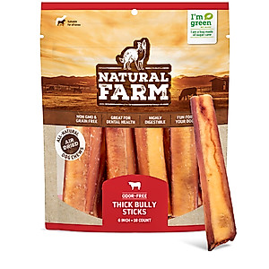 Natural Farm Odor-Free Thick Bully Sticks (6”, 18-pack) ALL-NATURAL Long-Lasting Dog Chews, 100% Beef Pizzle, Grass-Fed, Grain-Free, Protein for Muscle Development & Energy, Perfect For Medium Chewers