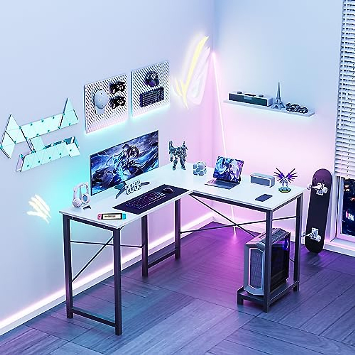 Sweetcrispy L Shaped Gaming Desk, Computer Desk Corner Desks PC Gaming Desk Table with CPU Stand Side Bag for Home Office Dorm Sturdy Writing Workstation, White, 50 Inch