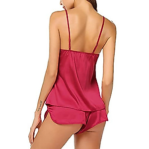 XSPQGQ Womens Sexy Lingerie Satin Pajamas set Sleepwear Cami Shorts Set Nightwear S-XL(L, A-Wine red)