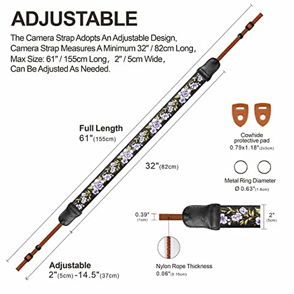 Purple Flower Camera Strap - 2"Wide with Double Layer Cowhide Head,Pure Cotton Embroidery Camera Shoulder Straps,Adjustable Camera Neck Strap for All DSLR / SLR Cameras, Best Gifts for Photographers