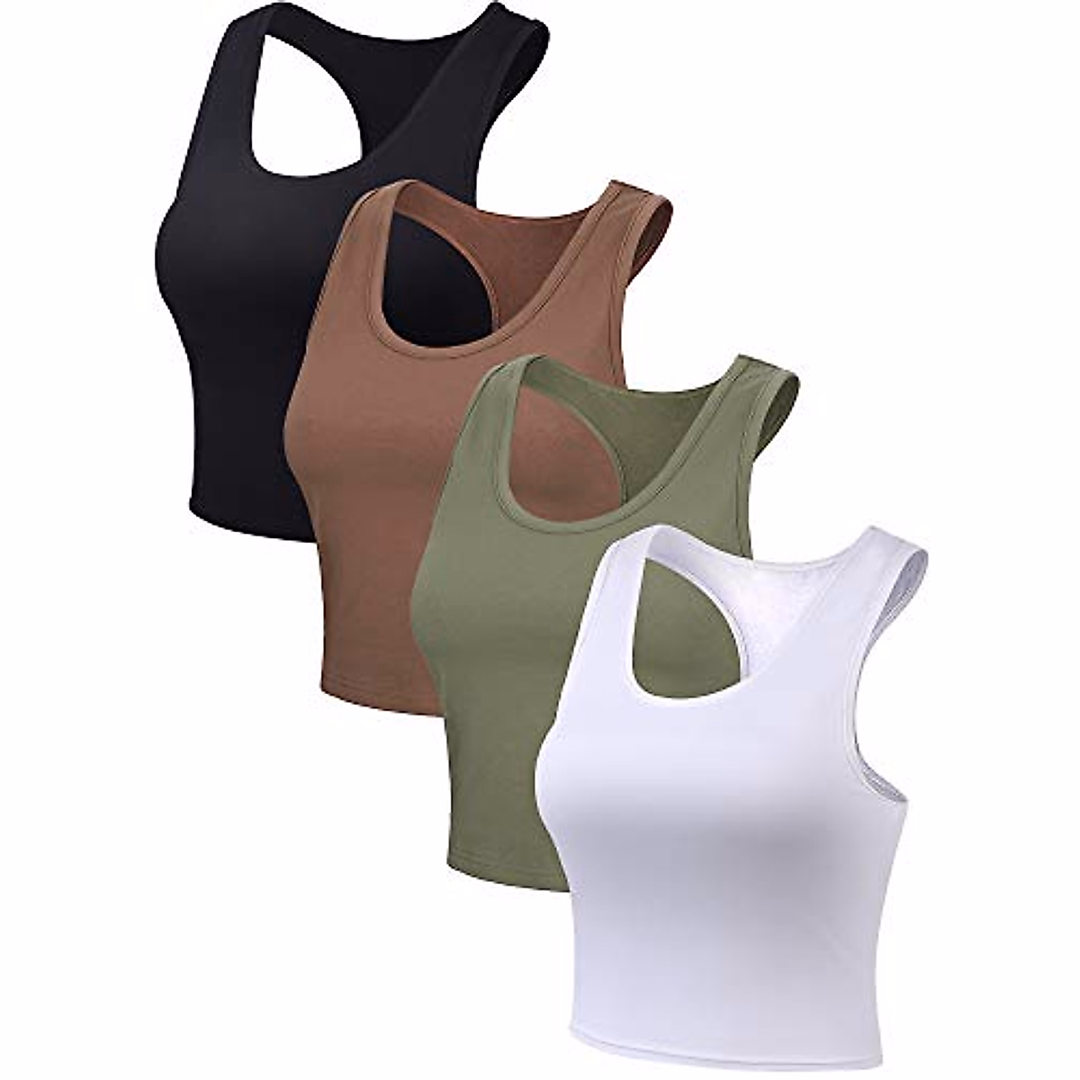 Boao 4 Pieces Basic Tank Tops Sleeveless Racerback Crop Top for Women(Black, White, Army Green, Coffee,Large)