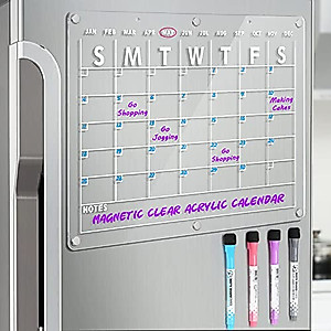 Acrylic Magnetic Dry Erase Board Calendar for Fridge, 16.5"x12" Inch Clear Dry Erase Calendar for Refrigerator, Magnetic Planning Calendar Includes 4 Colors Magnetic Dry Erase Markers with Eraser