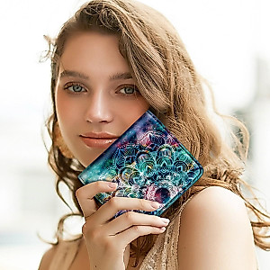 Simikol Womens Small RFID Blocking Wallet Compact Bifold Pocket Cute Credit Card Holder Leather Coin Slot Ladies Mini Purse with ID Window, Mandala Nebula