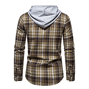 Muscularfit fall clothes for men Crewneck Sweatshirts Men Fall Fashion Plaid Button Down Shirt Causal Drawstring Long Sleeve Hoodie Checkered Coat deals of the day clearance Yellow L