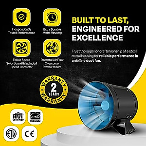 TerraBloom ECMF-200, Quiet 8" Inline Duct Fan with 0-100% Variable Speed Controller, Air Tight Metal Casing, Energy Efficient EC Motor. HVAC, Growing and Exhaust Applications Blower for Large Spaces