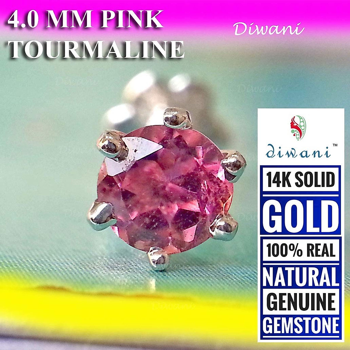 Diwani 14k Gold 4.0mm Natural Pink Tourmaline Gemstone Engagement Wedding Nose Lip Labret Monroe Body Piercing Ring Stud Pin Screw (0.23 Cents, Color- Pink)18 Gauge thick 8.0mm Length Screw back Post