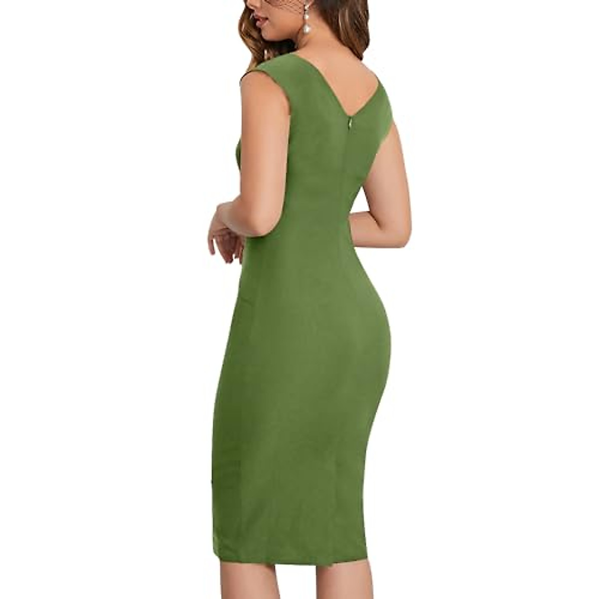 MUXXN Ladies Classic V Neck Sleeveless Midi Ruched Bridesmaid Prom Pencil Dress for Women Olive Green L