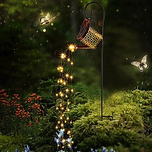 Watering Can with Lights Star Shower Watering Can Solar Twinkle Lights Waterproof Outdoor Decor LED Fairy Lights for Garden Yard Outdoor Lawn Patio Party Decorations Path Lights (Barrel Style)
