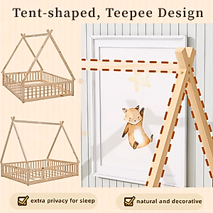 Mirightone Tent Floor Bed for Kids Full Size Montessori Floor Bed with Slats and Guardrails Wood Teepee Bed Frame with Fence and Door for Boys Girls, Natural